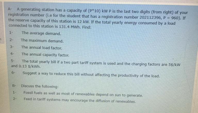 Solved A- A generating station has a capacity of (P*10) kW P | Chegg.com