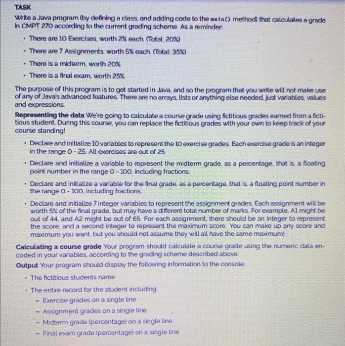 Solved TASK White a Java program (by defining a class, and | Chegg.com