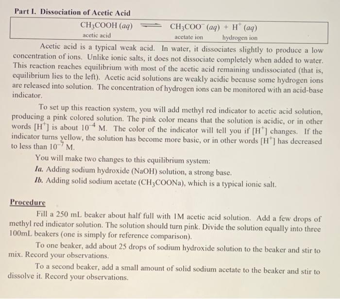 Solved Part I. Dissociation of Acetic Acid CH3COOH (aq) | Chegg.com