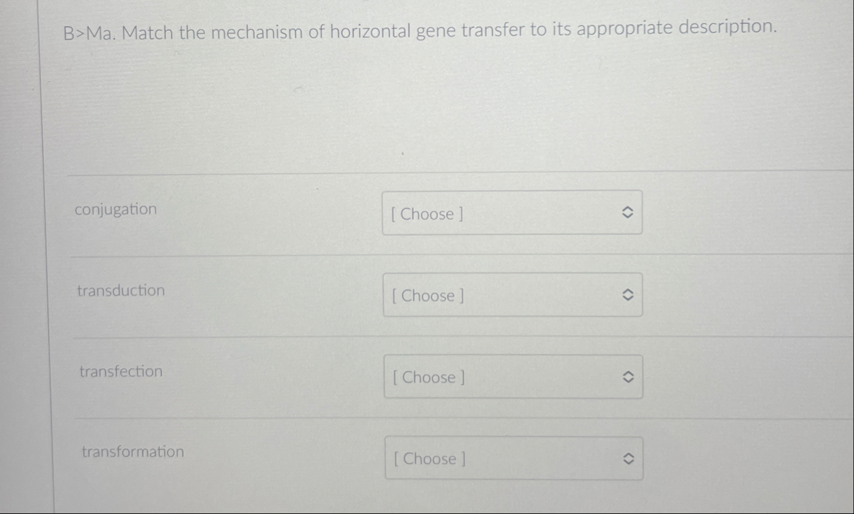 Solved B>Ma. ﻿Match the mechanism of horizontal gene | Chegg.com