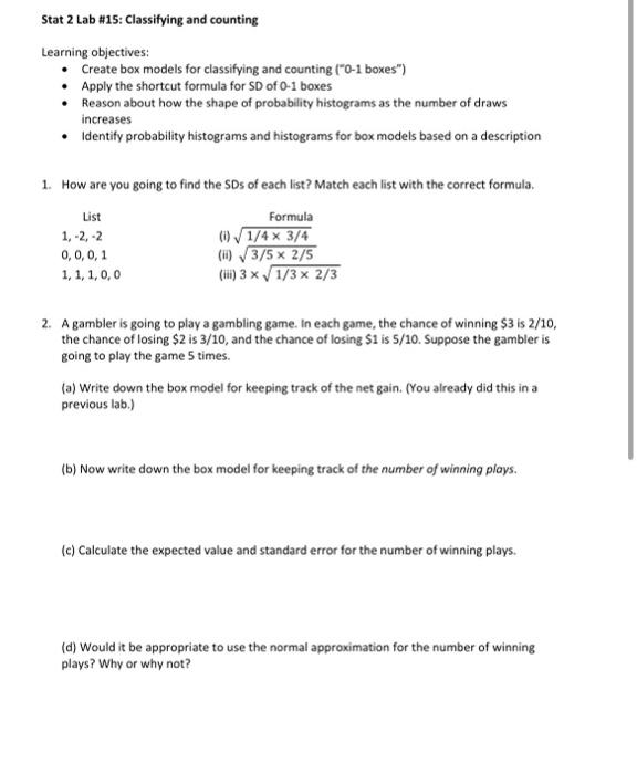 Solved Stat 2 Lab #15: Classifying and counting Learning | Chegg.com