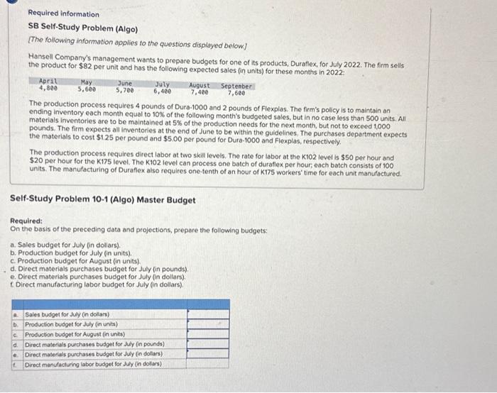 Solved Required information SB Self-Study Problem (Algo) | Chegg.com