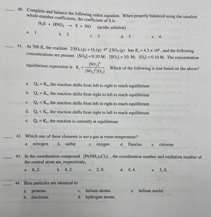 Solved 40. Complete and balance the following redox | Chegg.com