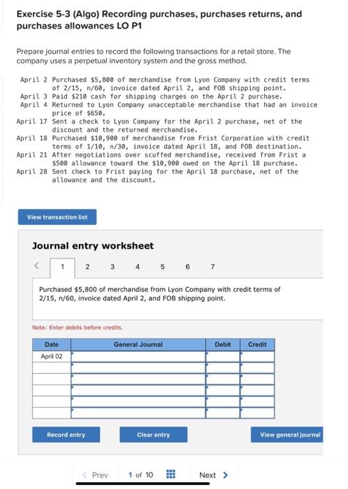 Solved Exercise 5-3 (Algo) Recording purchases, purchases | Chegg.com