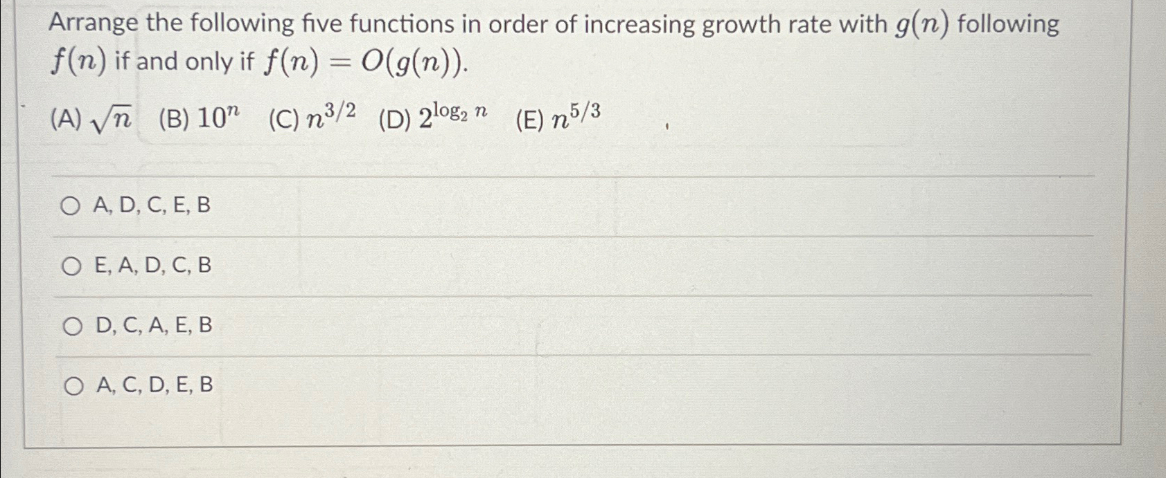 Solved Arrange the following five functions in order of | Chegg.com