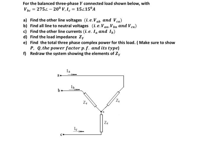Solved For the balanced three-phase Y connected load shown | Chegg.com