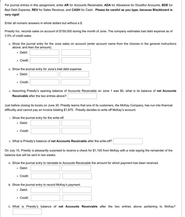 Solved For journal entries in this assignment, enter AR for | Chegg.com
