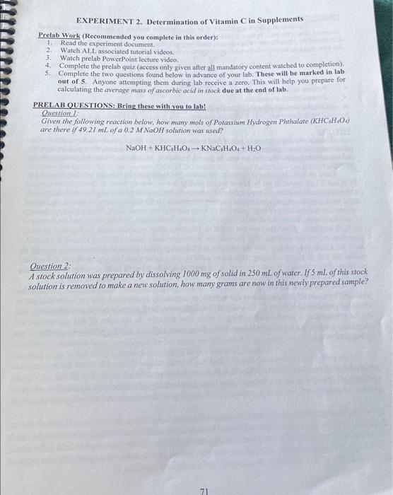 Solved Prelab Work (Recommended you complete in this order): | Chegg.com