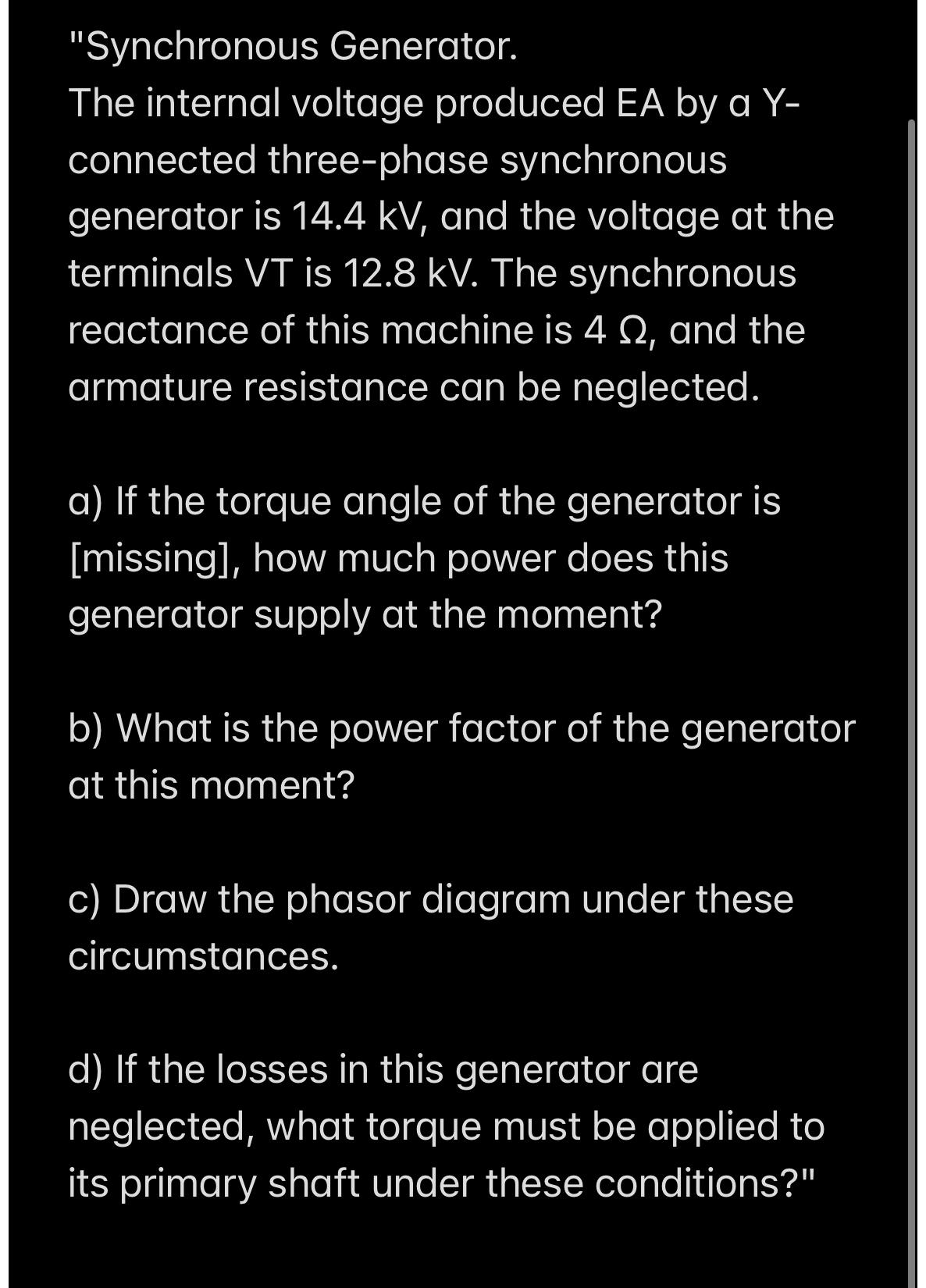 Solved "Synchronous Generator.The internal voltage produced | Chegg.com