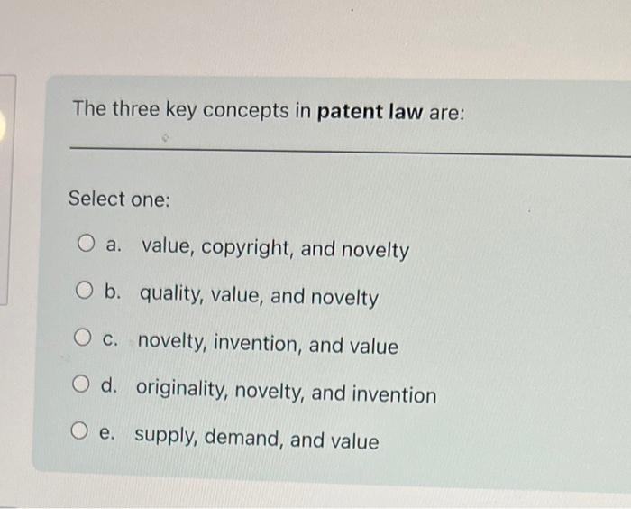 Solved The three key concepts in patent law are: Select one: | Chegg.com