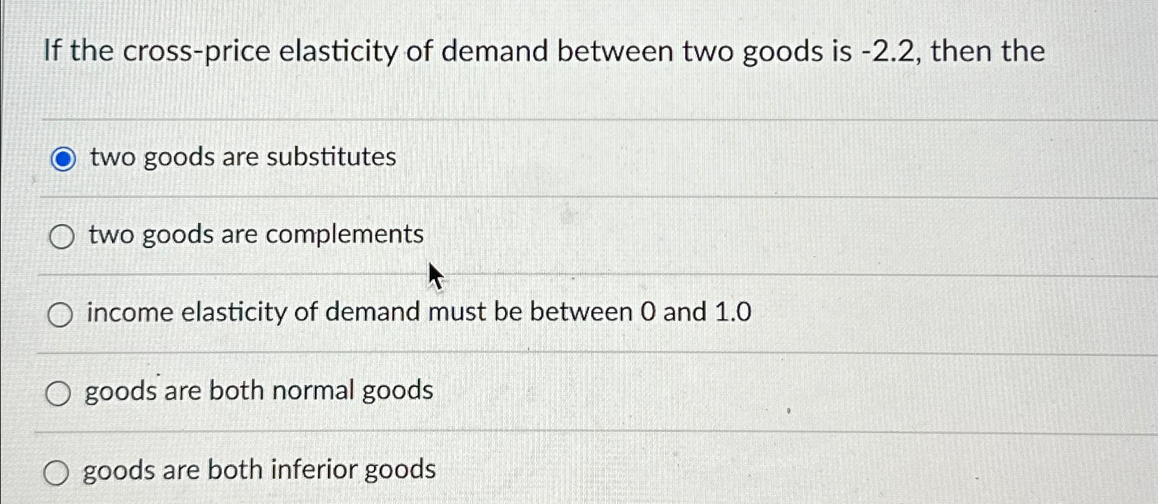 Solved If the cross-price elasticity of demand between two | Chegg.com