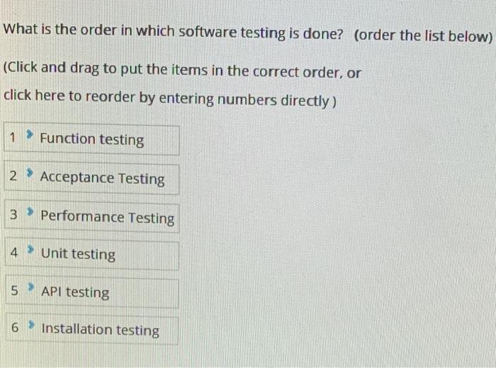 Solved What is the order in which software testing is done? | Chegg.com