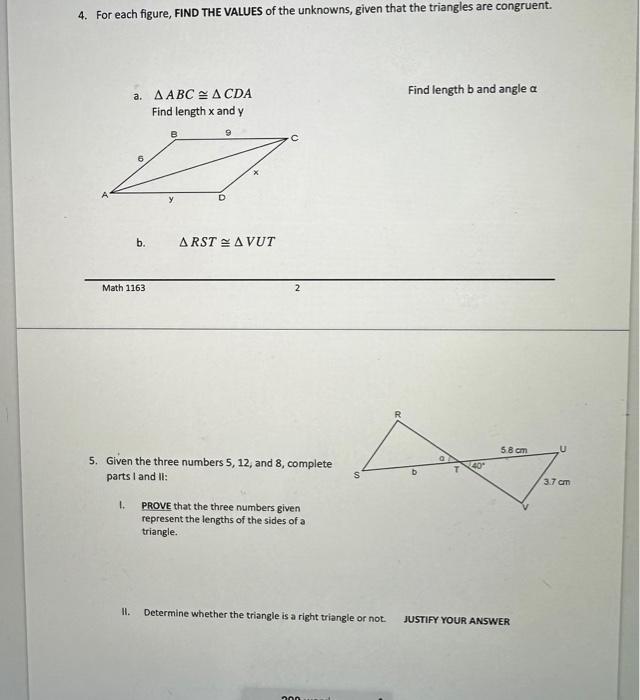 Solved 4. For each figure, FIND THE VALUES of the unknowns, | Chegg.com
