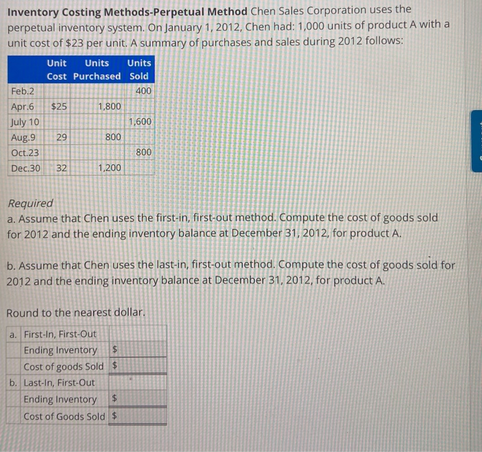 Solved Inventory Costing Methods-Perpetual Method Chen Sales | Chegg.com
