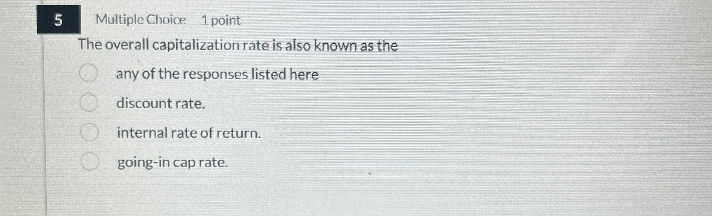 Solved 5 ﻿Multiple Choice 1 ﻿pointThe overall capitalization | Chegg.com