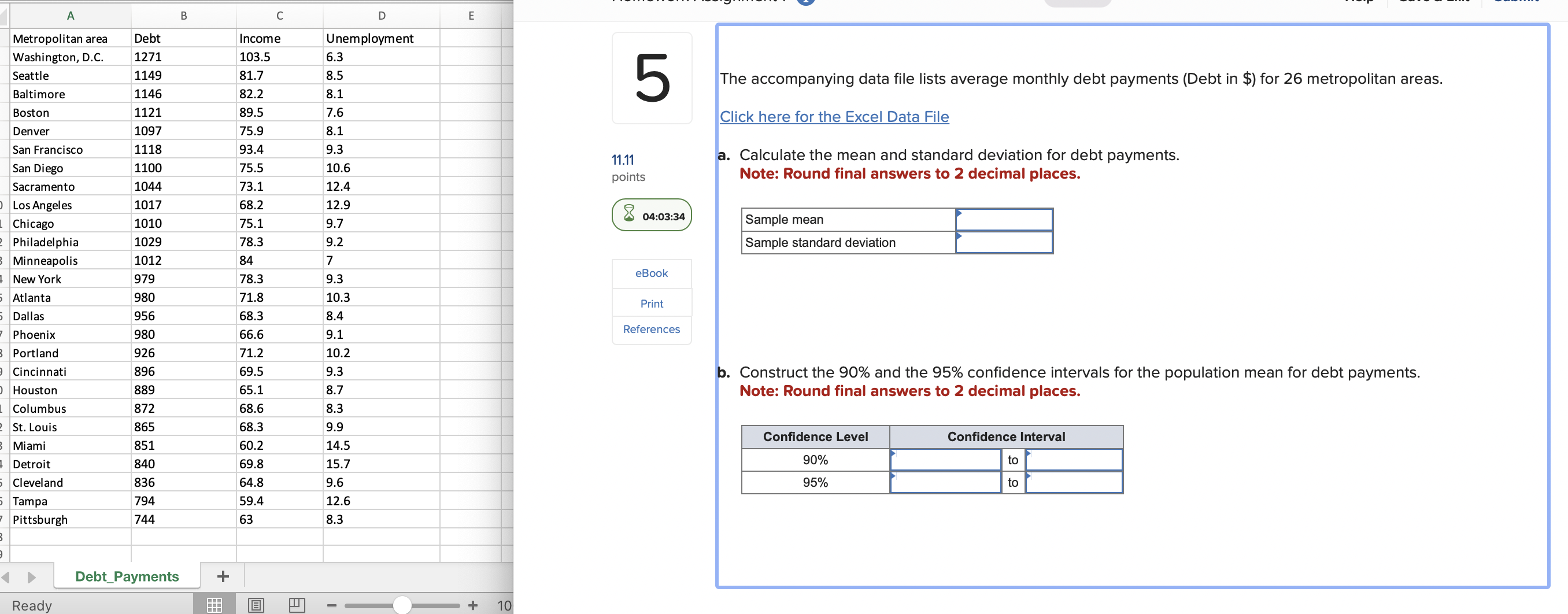 Solved The accompanying data file lists average monthly debt | Chegg.com