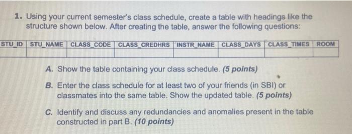 1. Using your current semester's class schedule, | Chegg.com