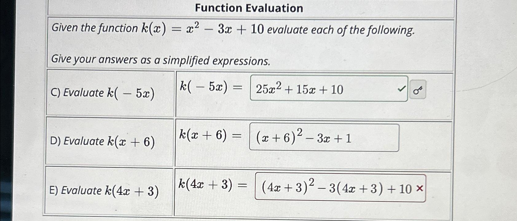 Solved Function EvaluationGiven the function k(x)=x2-3x+10 | Chegg.com