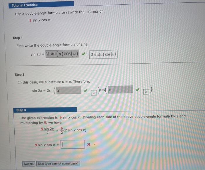 Solved Tutorial Exercise Use a double-angle formula to | Chegg.com