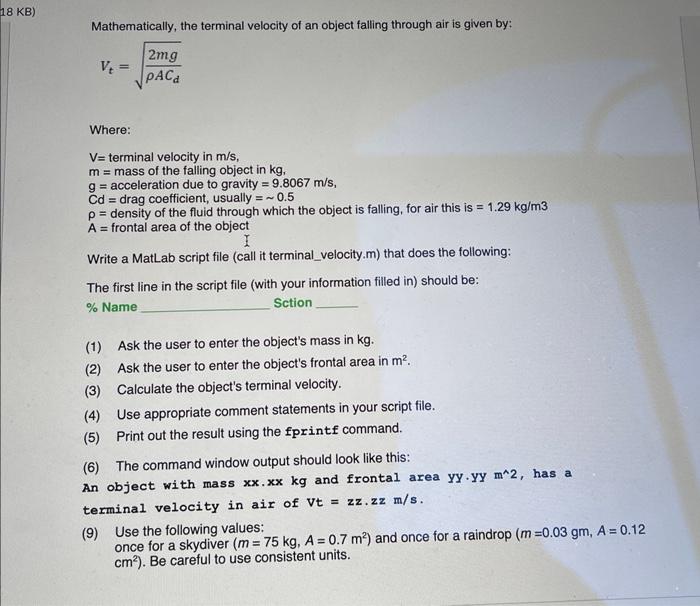 Solved Mathematically The Terminal Velocity Of An Object