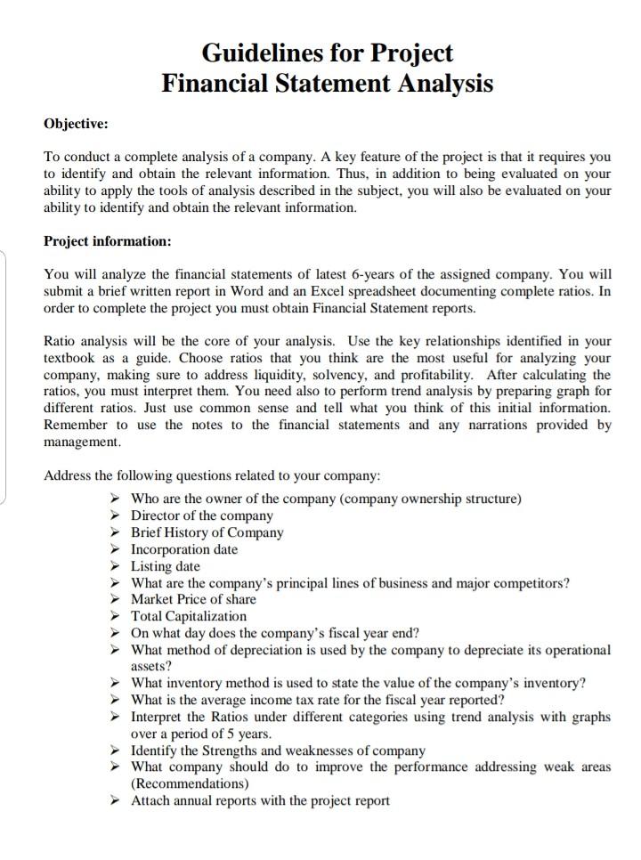 Solved Guidelines for Project Financial Statement Analysis | Chegg.com