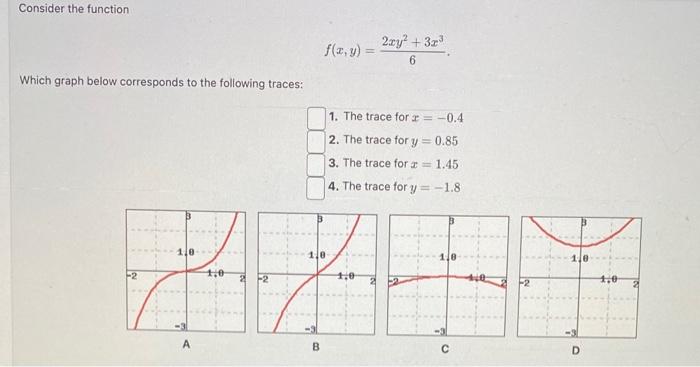 Solved Consider the function f(x,y)=62xy2+3x3. Which graph | Chegg.com