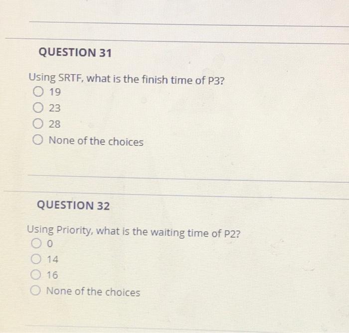 Solved QUESTION 31 Using SRTF, what is the finish time of | Chegg.com