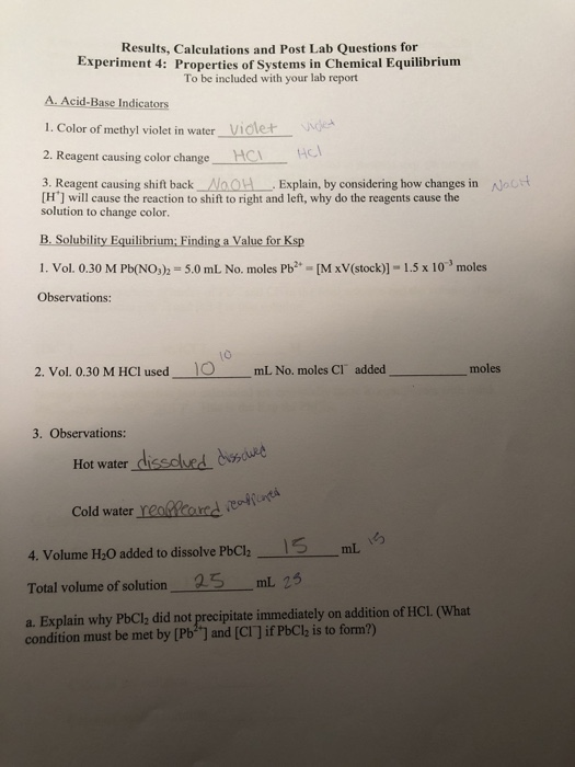 Solved Results, Calculations and Post Lab Questions for | Chegg.com