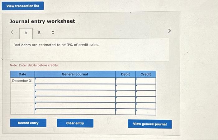 Solved Journal entry worksheet Bad debts are estimated to be | Chegg.com