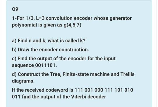 Solved 09 1-For 1/3, L=3 convolution encoder whose generator | Chegg.com