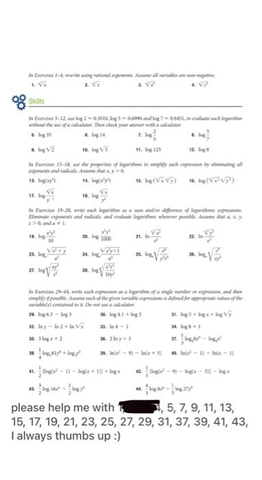 Solved 1. 3x 2. 4z 1. 4x 4. 43 skills 5. log35 c. log14 7. | Chegg.com