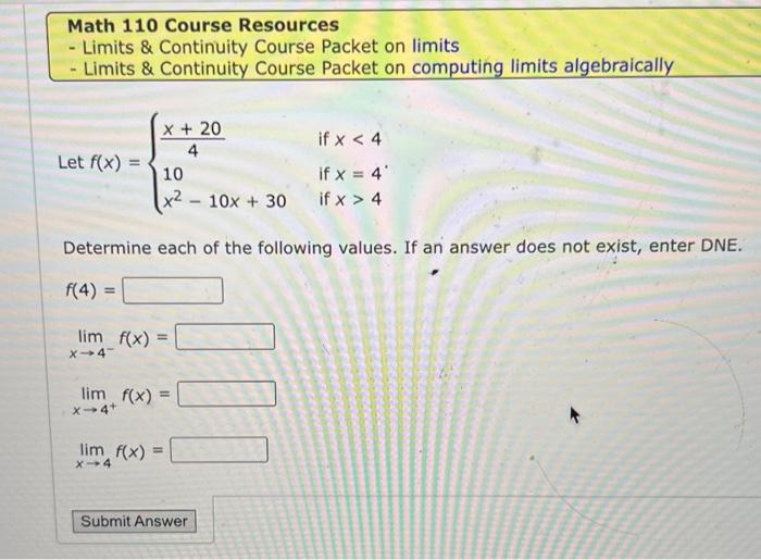 Solved Math 110 Course Resources - Limits \& Continuity | Chegg.com