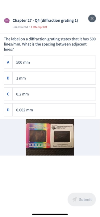 Solved . Chapter 27 - Q4 (diffraction grating 1) Unanswered. | Chegg.com