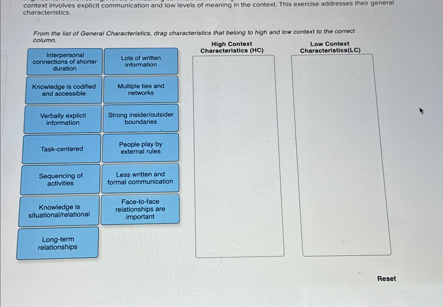 Solved context involves explicit communication and low | Chegg.com
