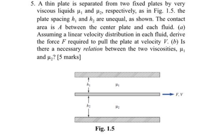 Solved 5. A thin plate is separated from two fixed plates by | Chegg.com