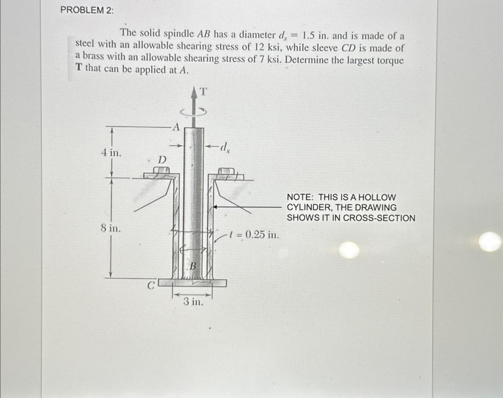 Solved PROBLEM 2:\\nThe solid spindle AB has a diameter | Chegg.com