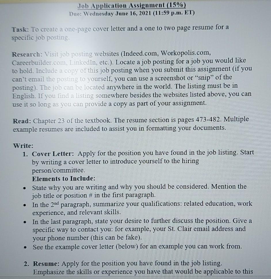 Solved Job Application Assignment (15%) Due: Wednesday June | Chegg.com