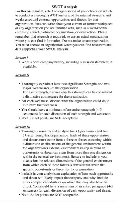 Solved SWOT Analysis For this assignment, select an | Chegg.com