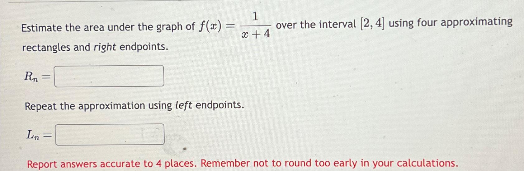 Solved Estimate the area under the graph of f(x)=1x+4 ﻿over | Chegg.com