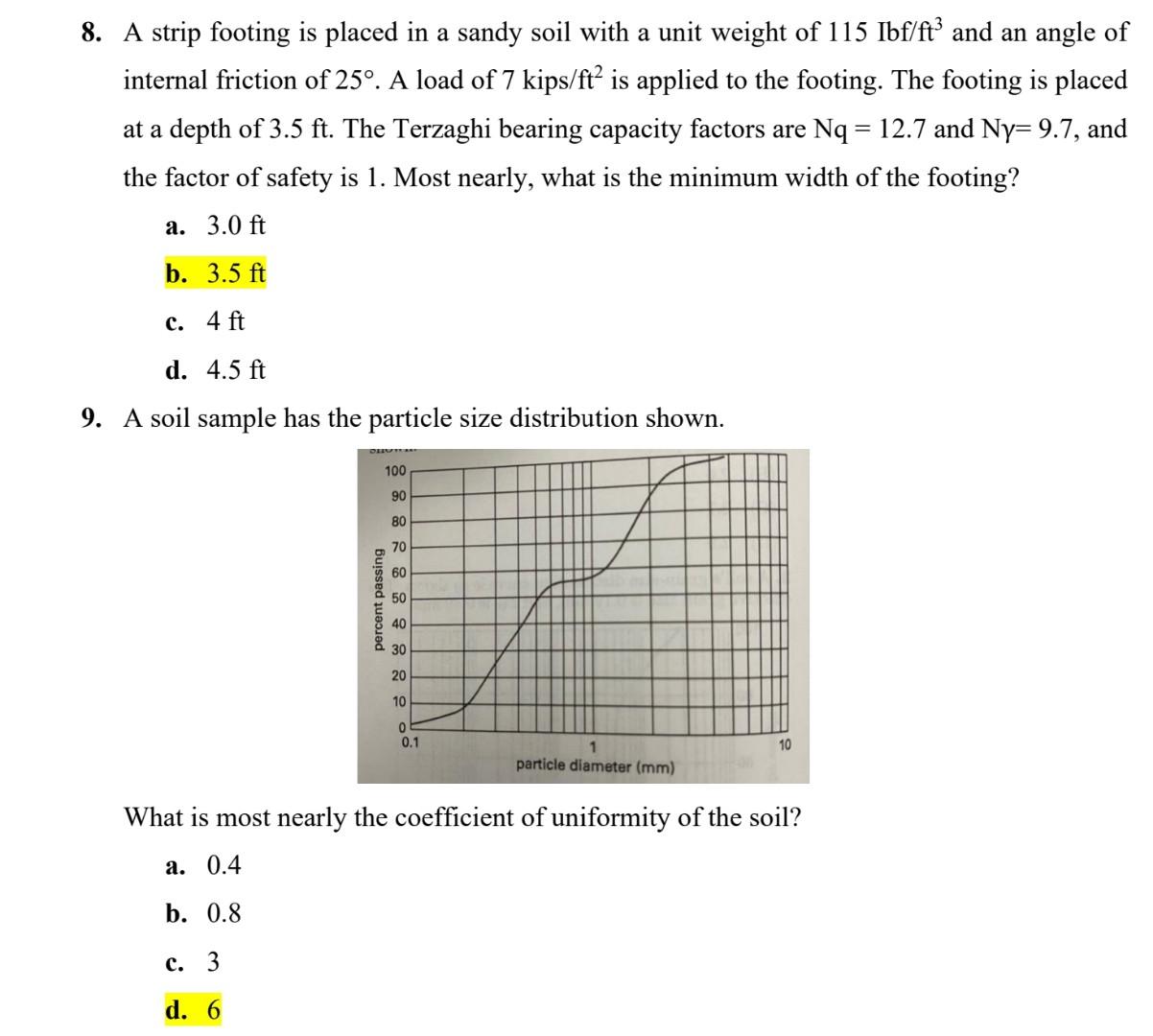 Solved 8. A strip footing is placed in a sandy soil with a | Chegg.com