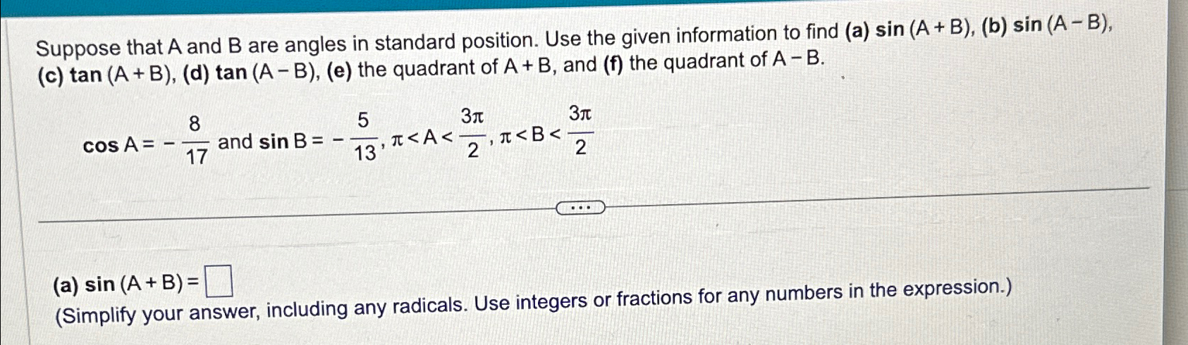 Solved Suppose that A and B ﻿are angles in standard | Chegg.com