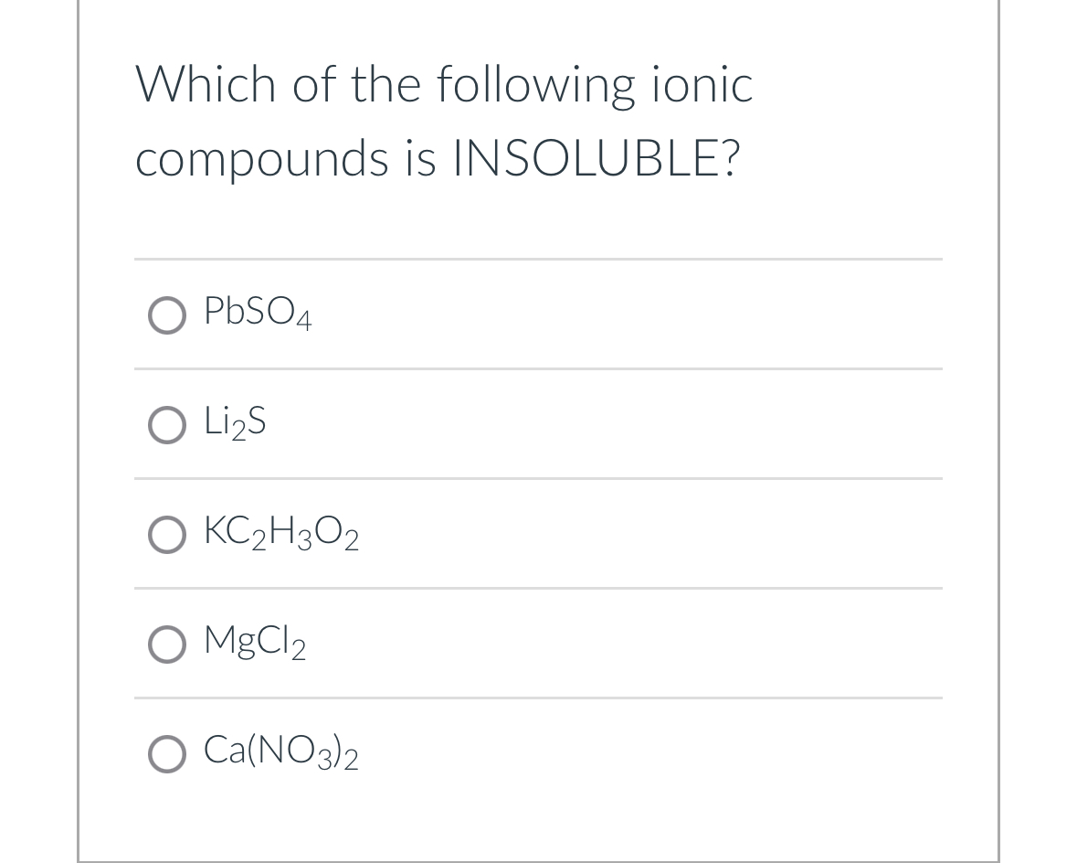 Solved Which of the following ionic compounds is INSOLUBLE? | Chegg.com