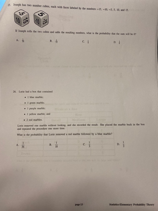 Solved 25. Joseph has two number cubes, each with faces | Chegg.com