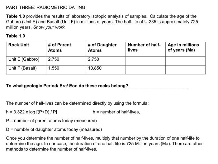 Solved PART THREE: RADIOMETRIC DATING Table 1.0 provides the | Chegg.com