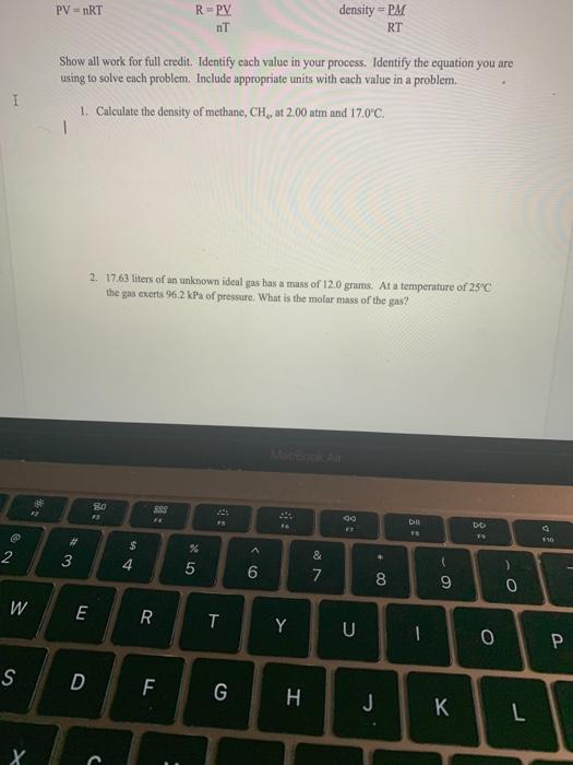 Solved PV = nRT R-PV nT density = PM RT Show all work for | Chegg.com