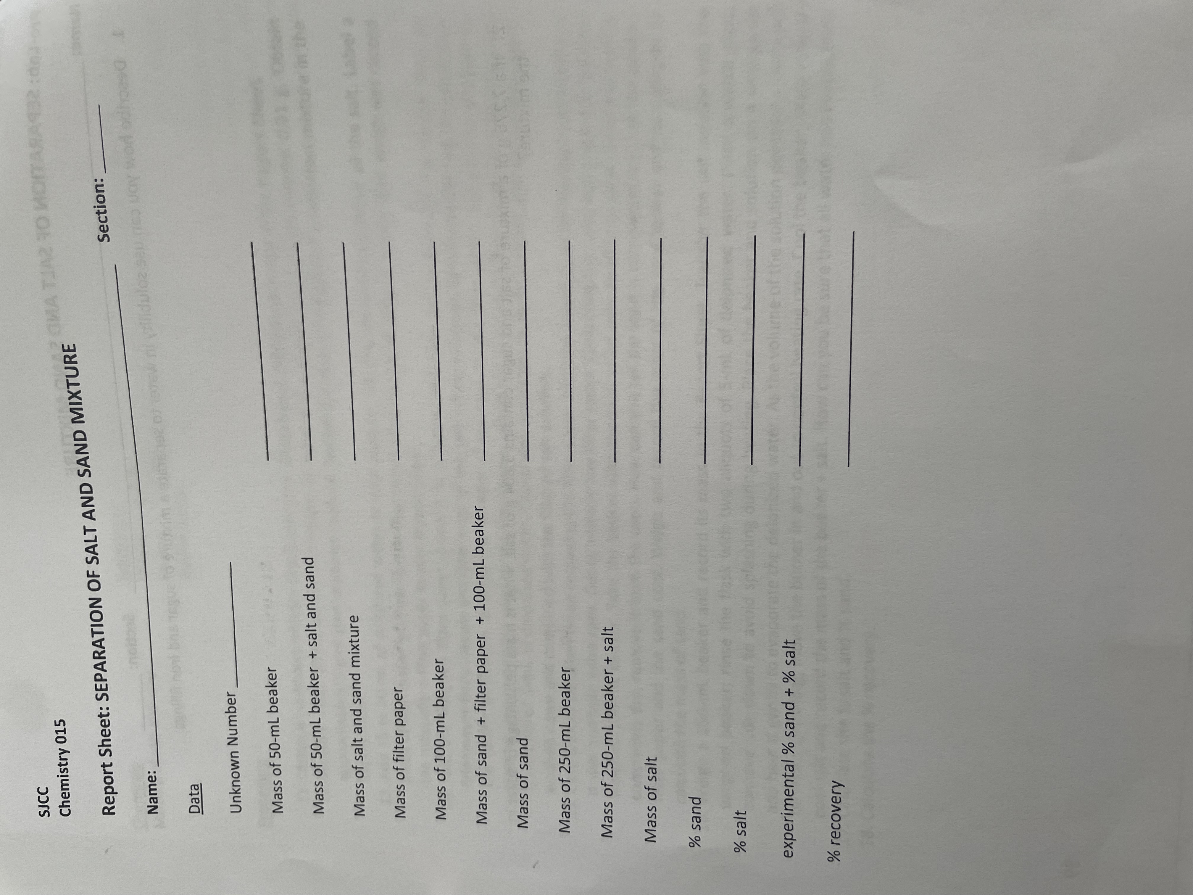 SJCCChemistry 015Report Sheet: SEPARATION OF SALT AND | Chegg.com