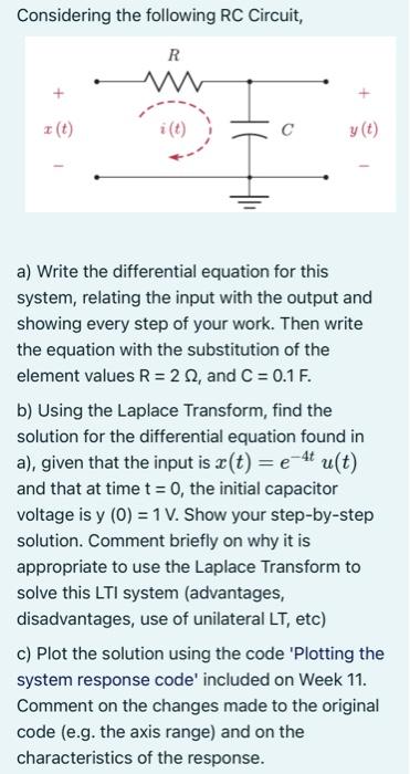 Solved Considering the following RC Circuit, a) Write the | Chegg.com