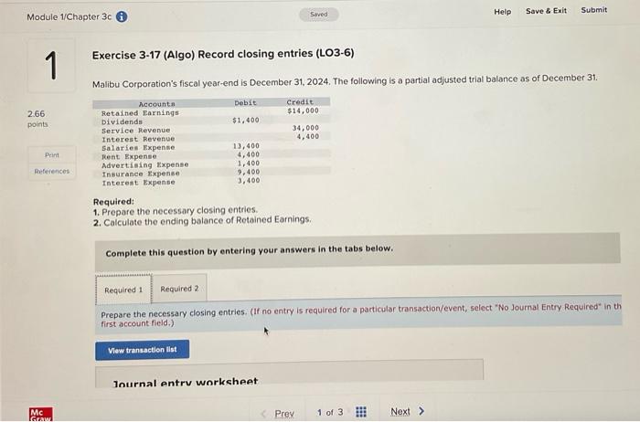 Solved Module 1/Chapter 3c Ⓡ Saved Help Save & Exit Submit | Chegg.com