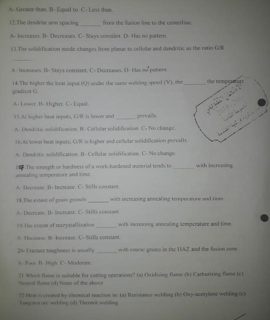 Solved A- Greater than. B- Equal to. C- Less than 12. The | Chegg.com