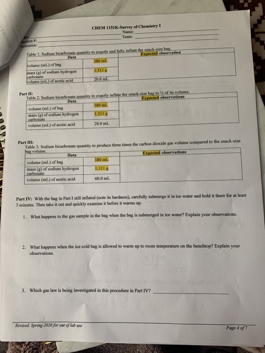 CHEM 1151K-Survey of Chemistry Name: Instructor Team: | Chegg.com